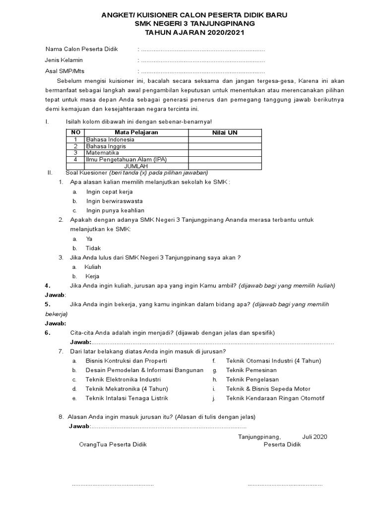 1. Angket Peminatan Calon Peserta Didik Baru.doc | PDF