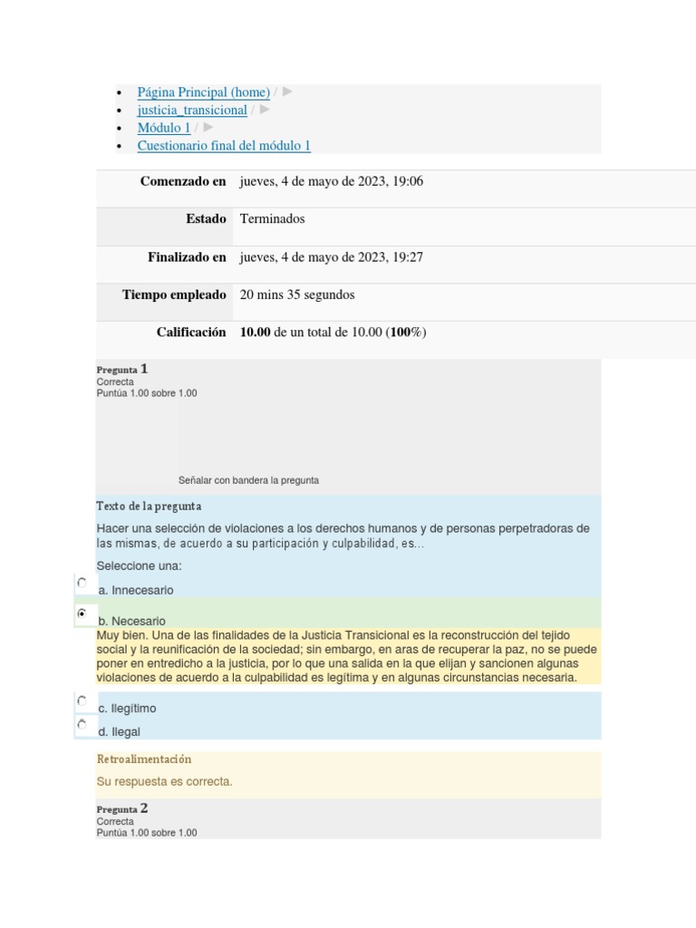 Cuestionario Final Del Módulo 1 Justicia Transicional | PDF | Justicia transicional | Violación