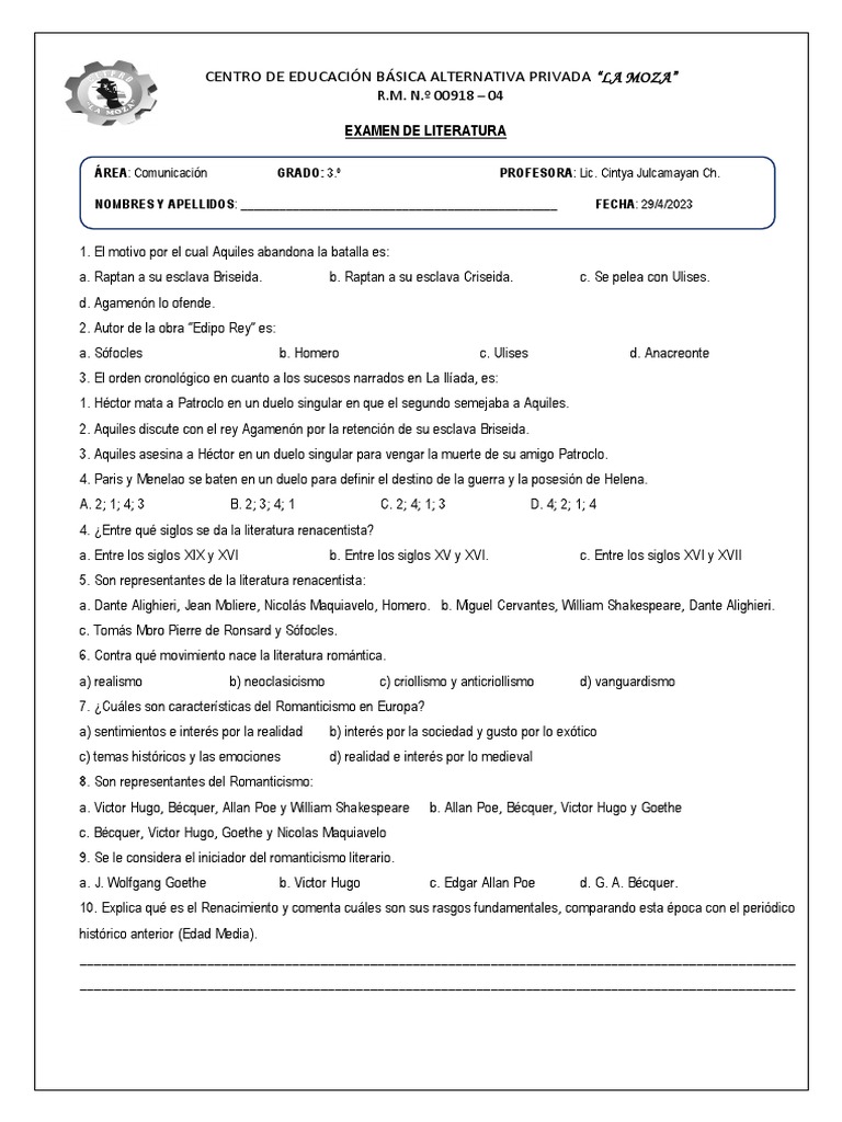 Examen de Literatura para 3.º Grado | PDF | Clásicos