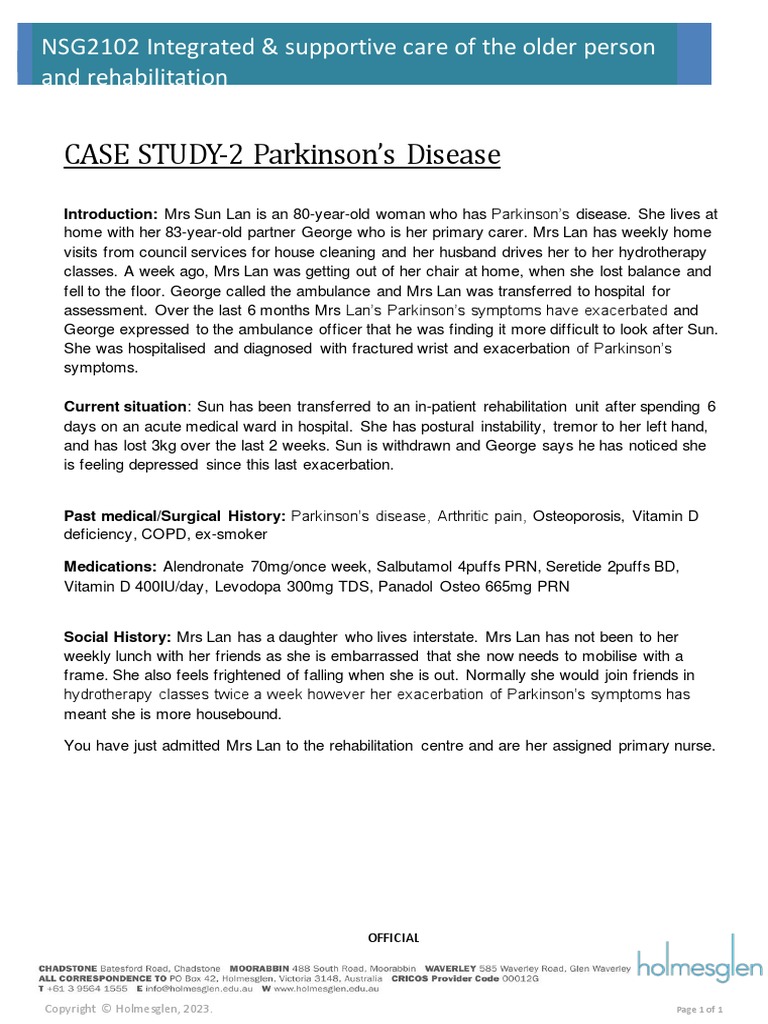 NSG2102 Case Study 2 - Parkinsons - 2023 - Final PDF | PDF