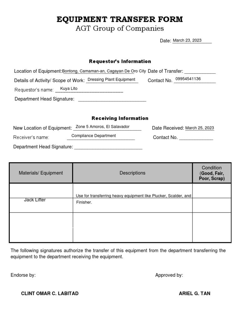 Equipment Transfer Form Template | PDF | Technology & Engineering