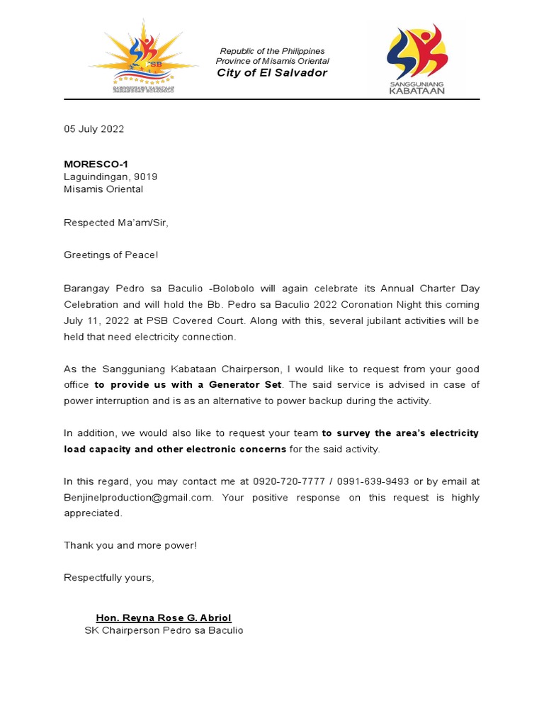 Request Letter For Generator Set and Survey PDF | PDF | Technology & Engineering