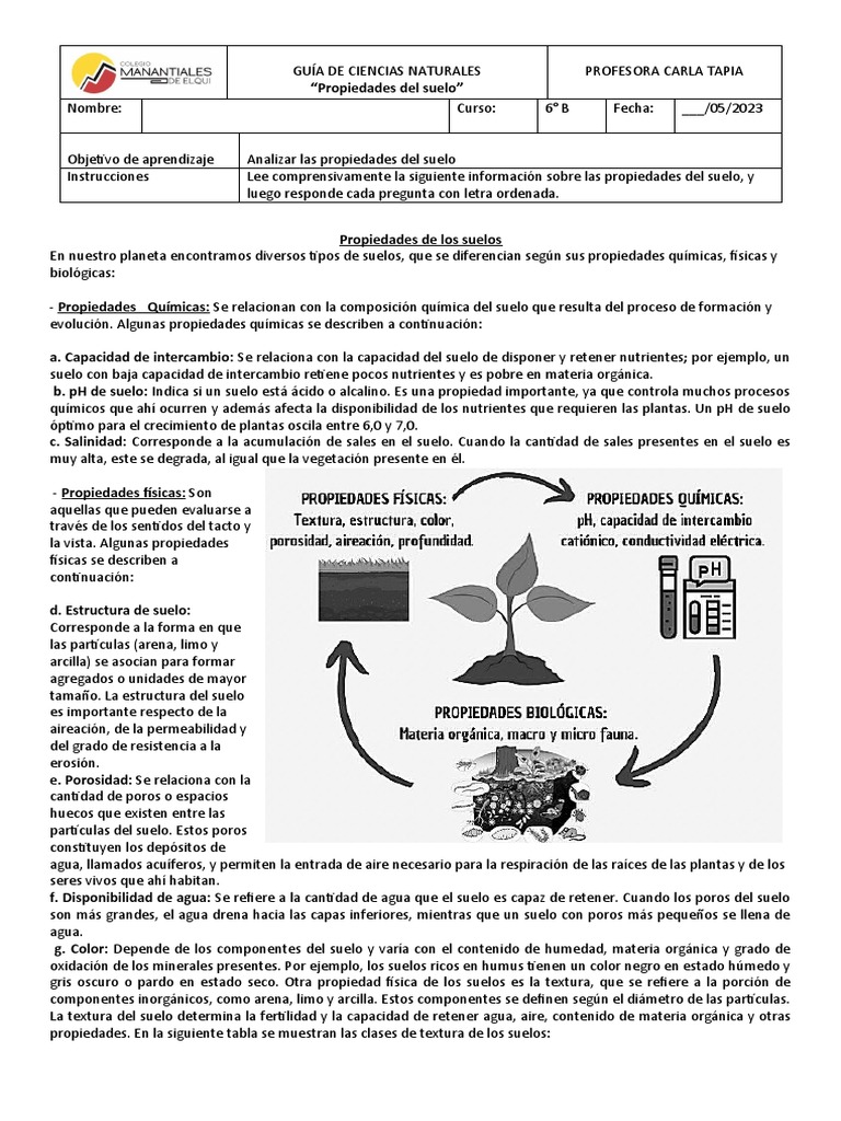 Guía 6° Básico Ciencias Naturales Propiedades Del Suelo | PDF