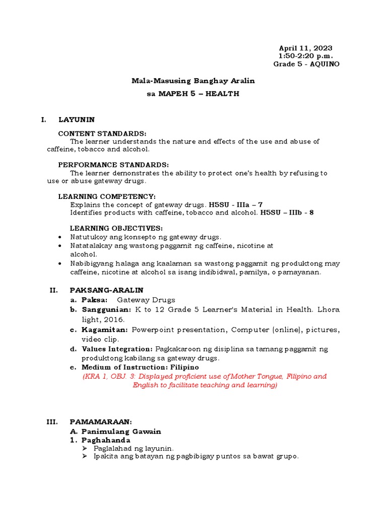 LESSON PLAN for DEMO - HEALTH | PDF