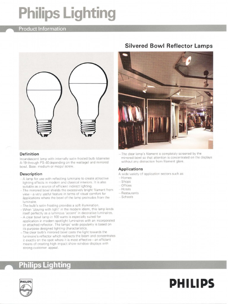 Philips Silvered Bowl Reflector Incandescent Lamps Bulletin 3-91 | PDF