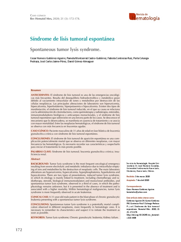 SX de Lisis Tumoral Espontánea PDF | PDF