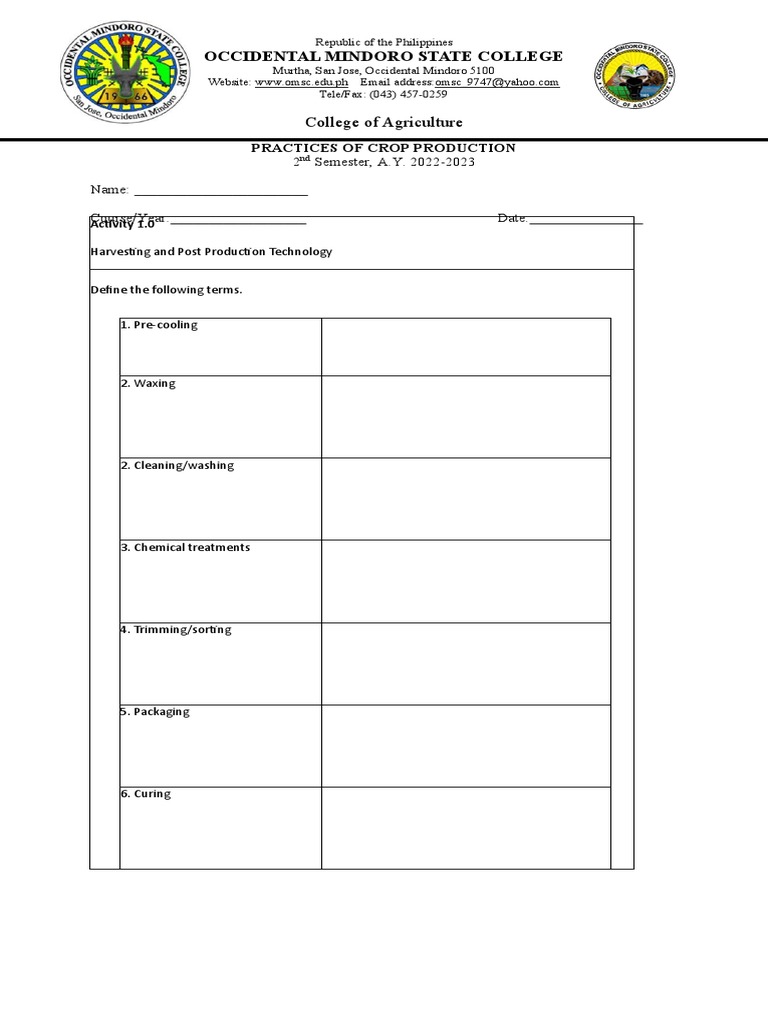 Activity 1 Harvesting And Post Harvest Pdf