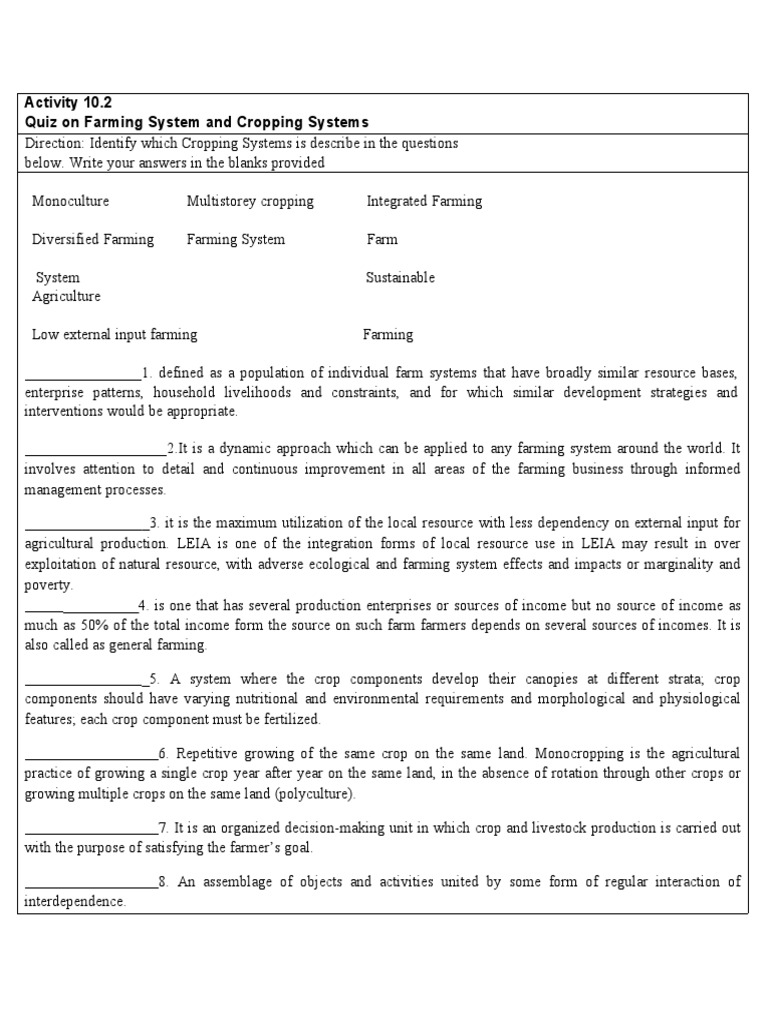 QUIZ in Farming Systems | PDF
