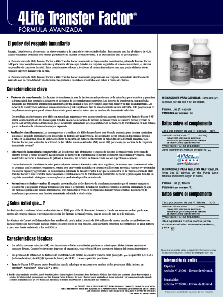 Folleto Transfer Factor Formula Avanzada PDF | PDF | Sistema inmune ...