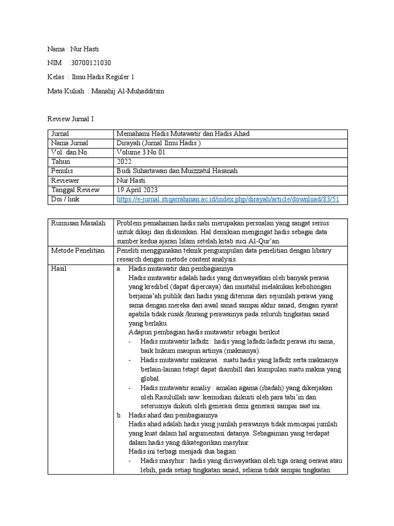 Contoh Jurnal Ilmu Hadis Islam | PDF