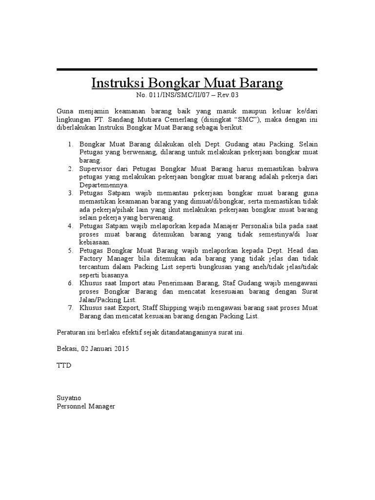 Instruksi Bongkar Muat Barang Rev03 | PDF