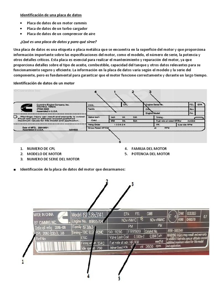 Identificación de Una Placa de Datos PDF | PDF | Turbocompresor | Motores