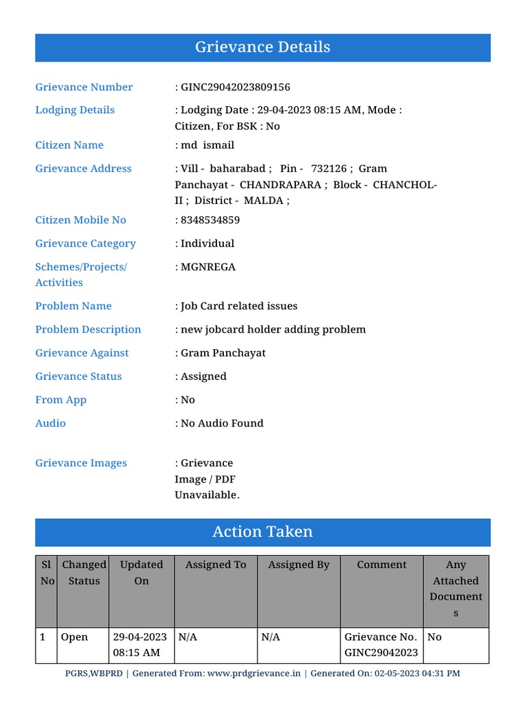 Job Card Grievance in Malda District | PDF