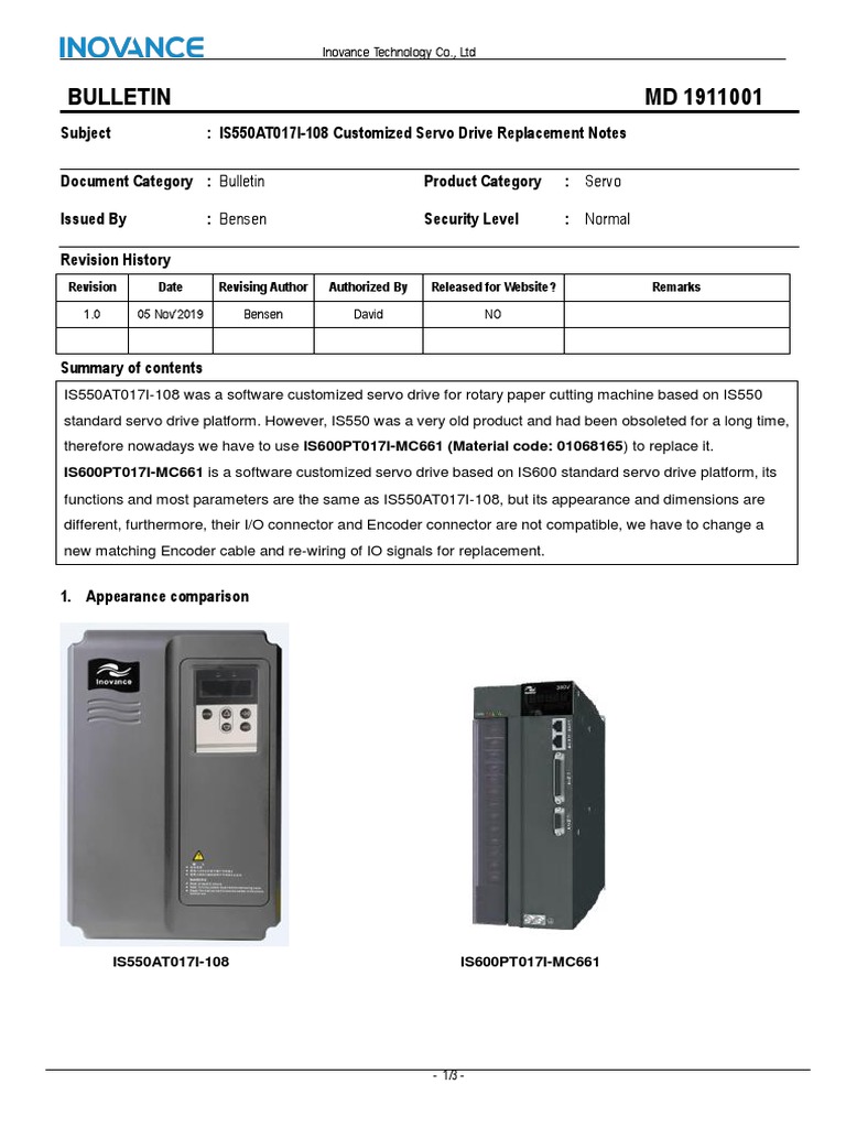 Inovance Bulletin - IS550AT017I-108 Customized Servo Drive Replacement ...