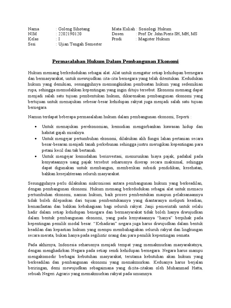 Paper Permasalahan Hukum dalam Pembangunan Ekonomi | PDF