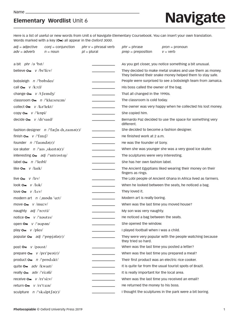 Navigate Elementary Wordlist Unit 6 PDF | PDF | Foreign Language Studies