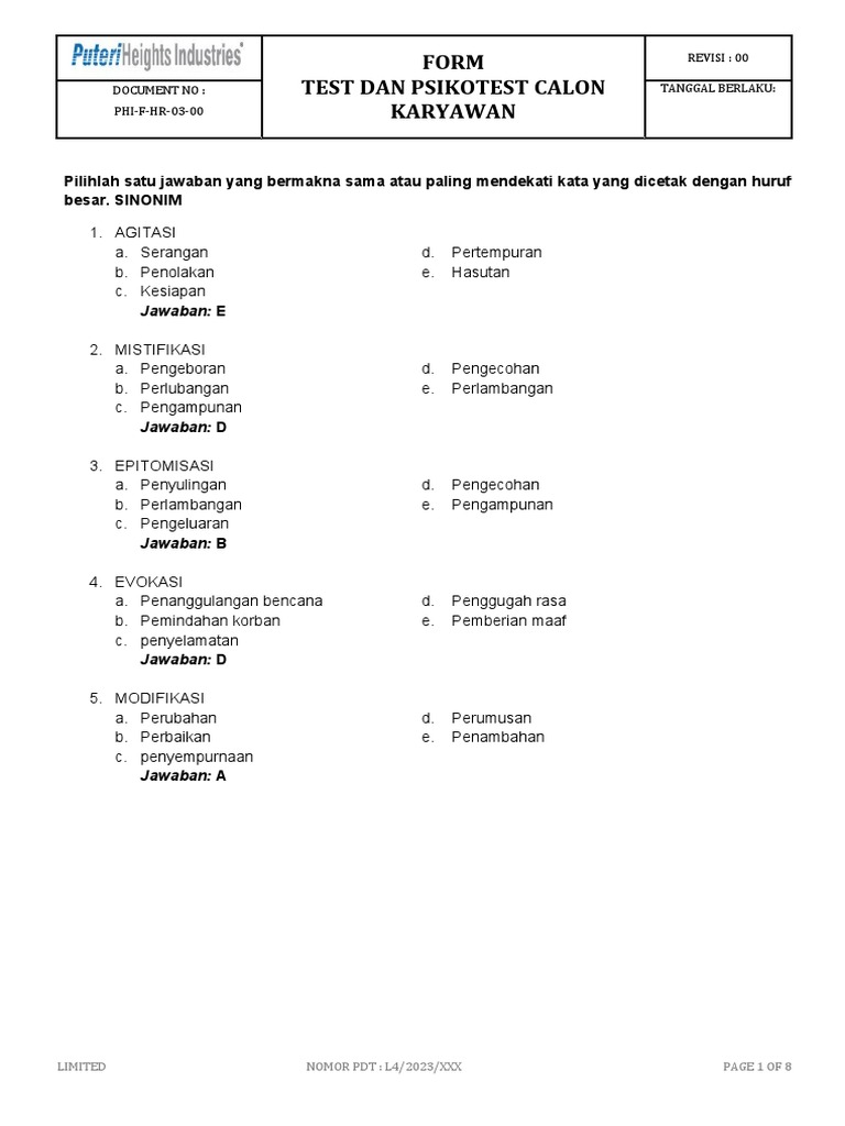Phi-F-Hr-03-00 Form Test Dan Psikotest Calon Karyawan | PDF