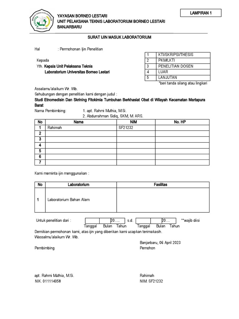 Surat Izin Masuk Laboratorium | PDF