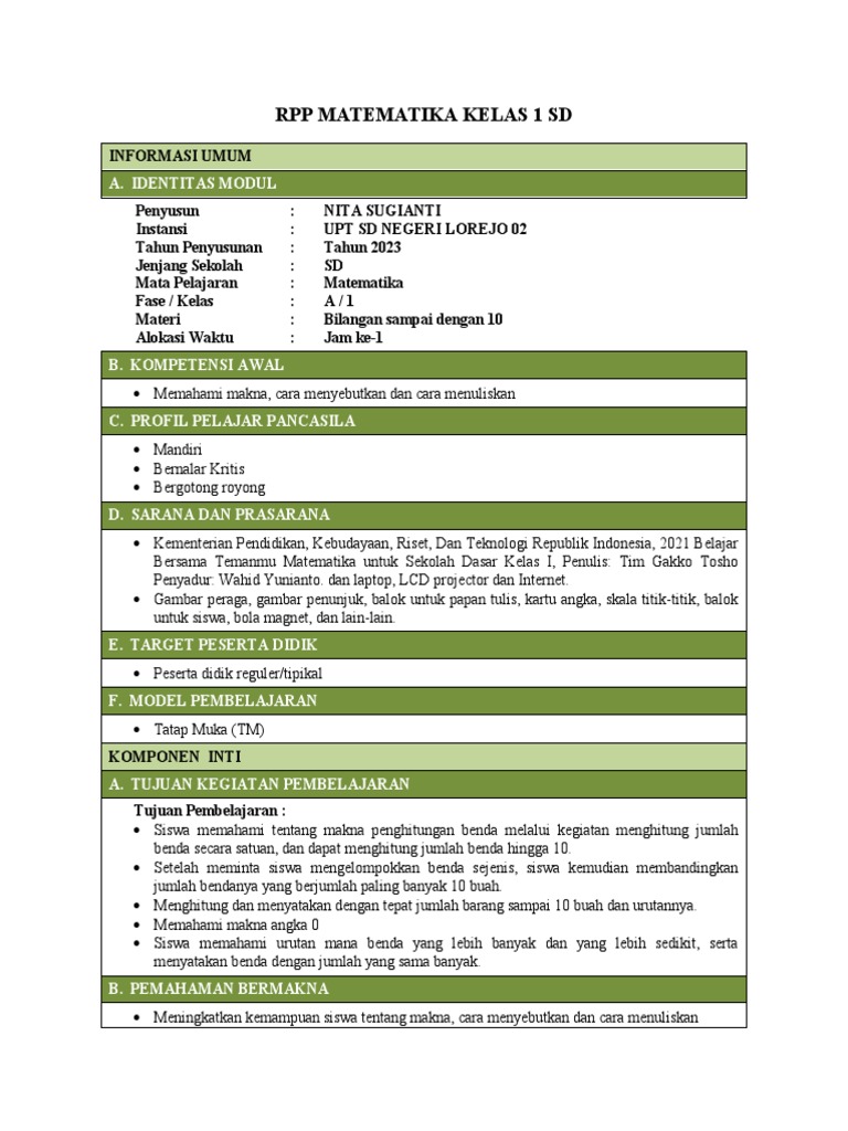 Tugas Pembelajaran Terpadu RPP Matematika Kelas 1 SD | PDF