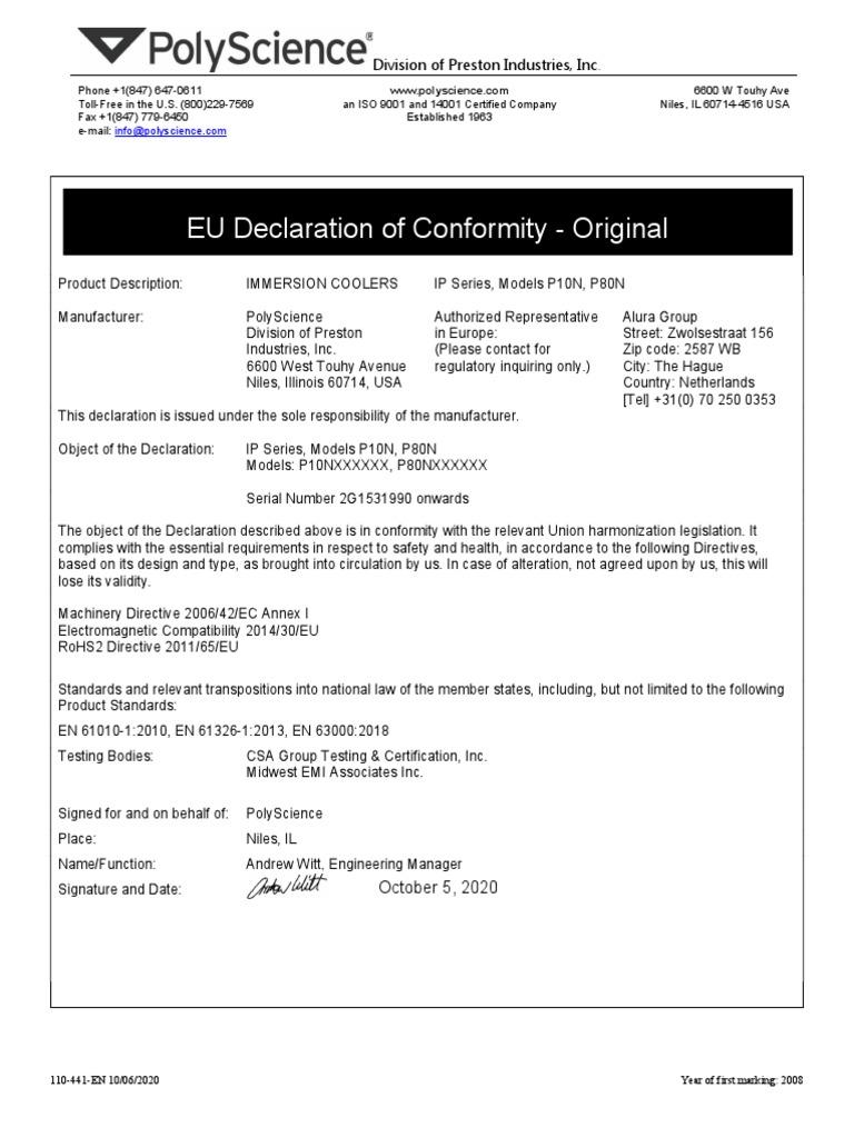 110 441 Ce Certificate For Immersion Coolers Models p10n p80n PDF | PDF | Regulation