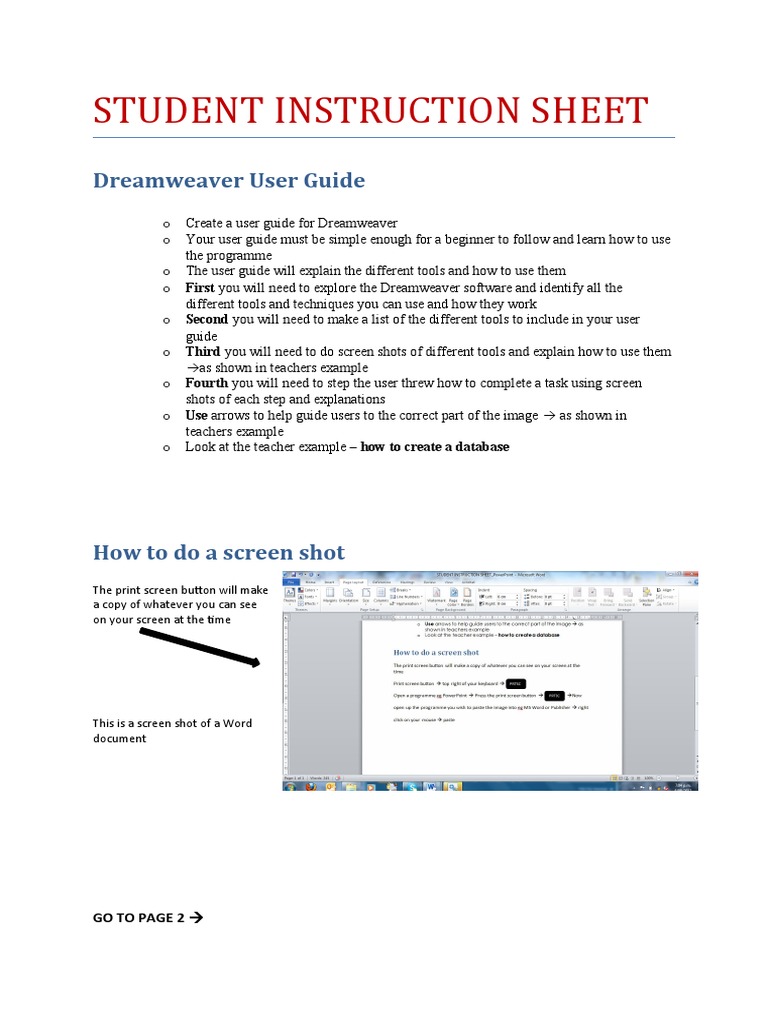 STUDENT INSTRUCTION SHEET - Create A User Guide | PDF