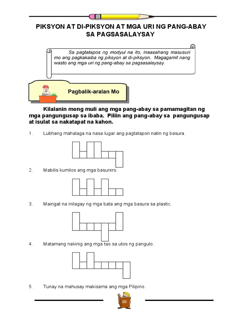 18 Piksyon at Di Piksyon at Mga Uri NG Pang Abay Sa Pagsasalaysay | PDF