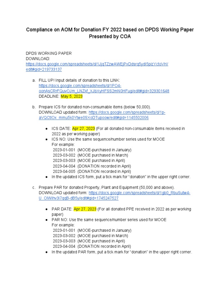 AOM Compliance for FY 2022 Donations | PDF | Finance & Money Management ...