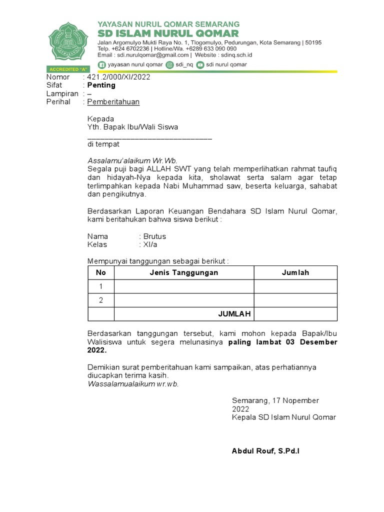 Surat Tagihan Administrasi Sekolah | PDF