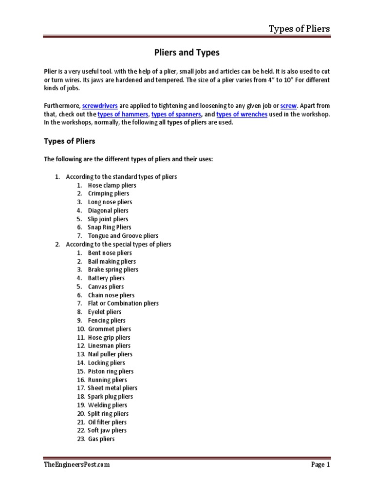 Pliers and Types PDF | PDF | Machines | Manufactured Goods