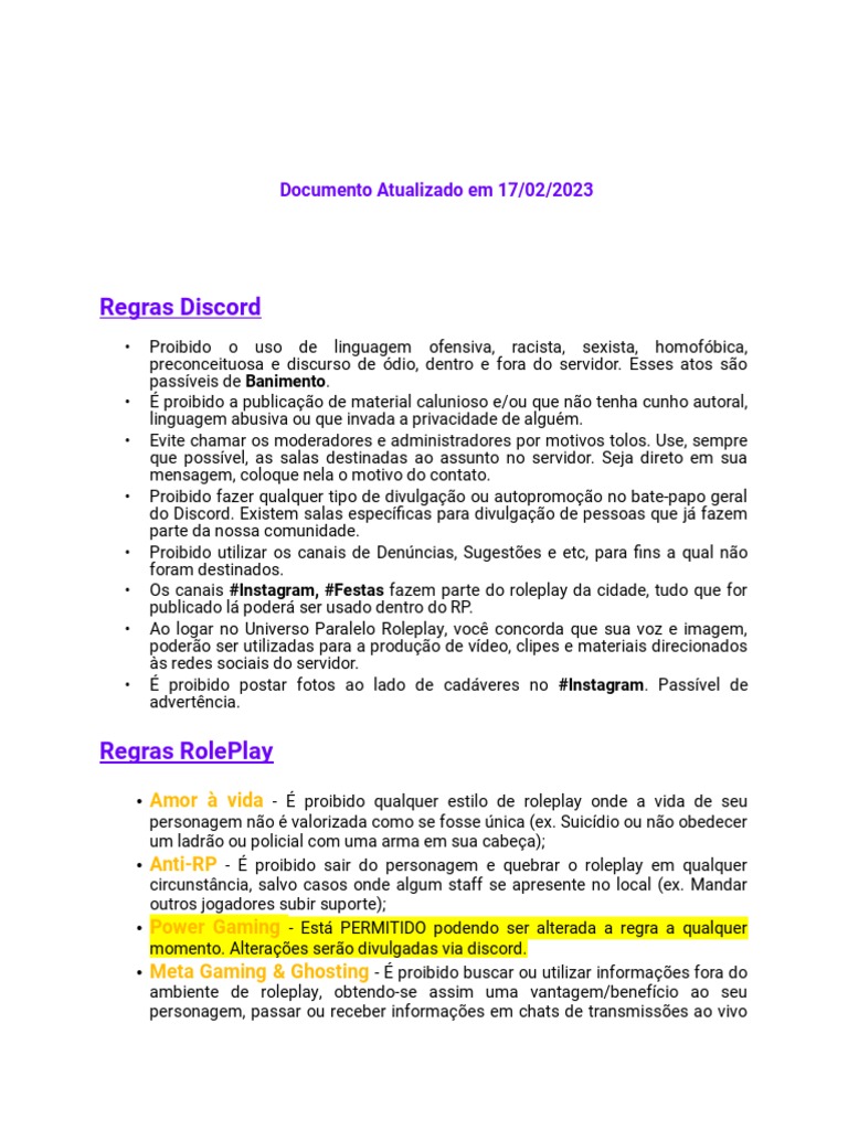Atualização das Regras e Políticas do Servidor Discord | PDF