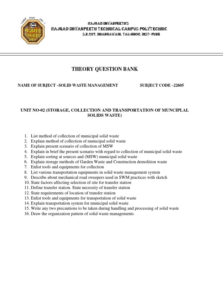 Solid Waste Management Theory Questions | PDF