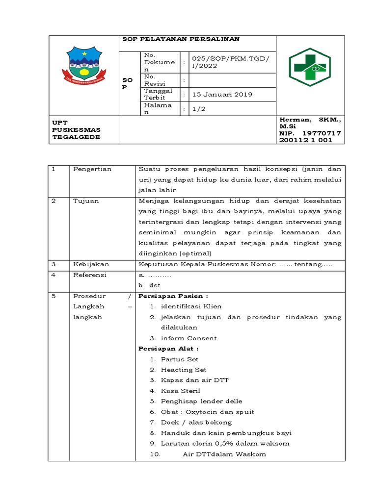 Sop Pelayanan Persalinan (Inc) | PDF