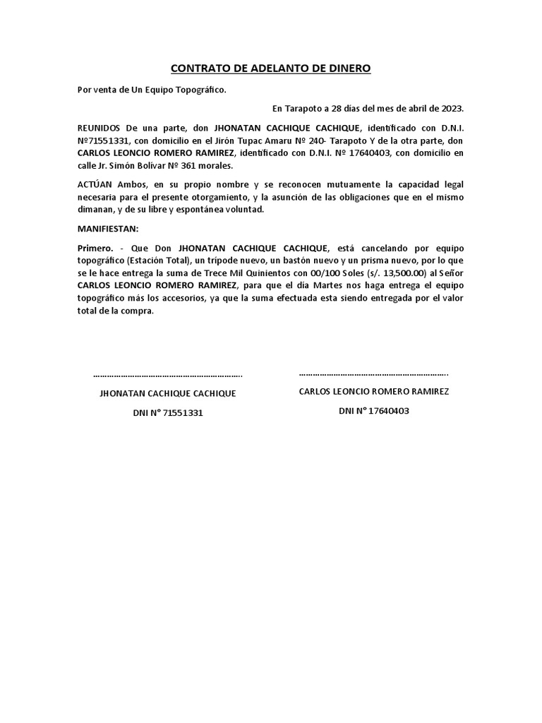 Contrato de Adelanto de Dinero | PDF
