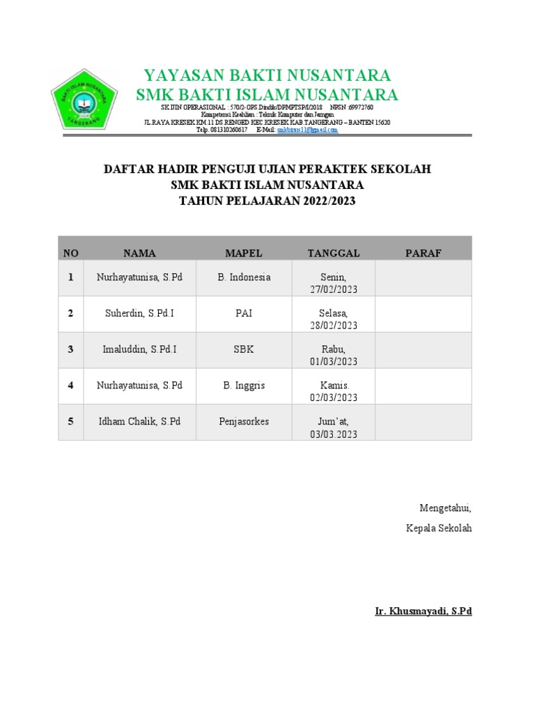 Daftar Hadir Penguji Uprak | PDF