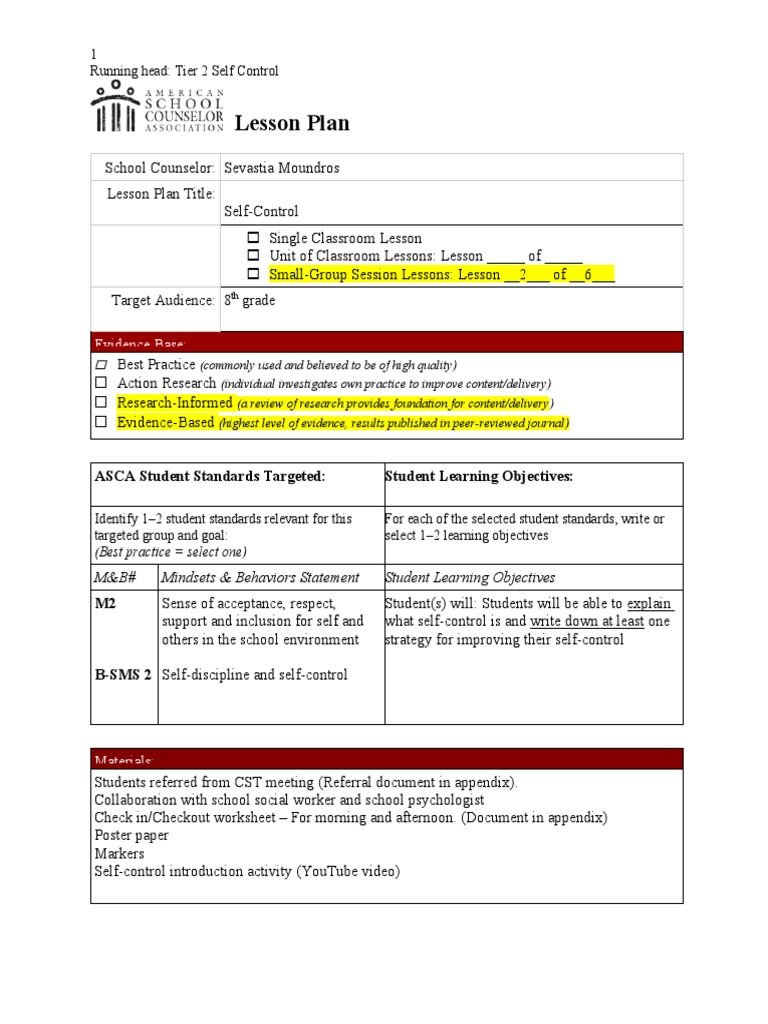Tier 2 Lesson Plan - Self Control | PDF | Self-Management | Self Control