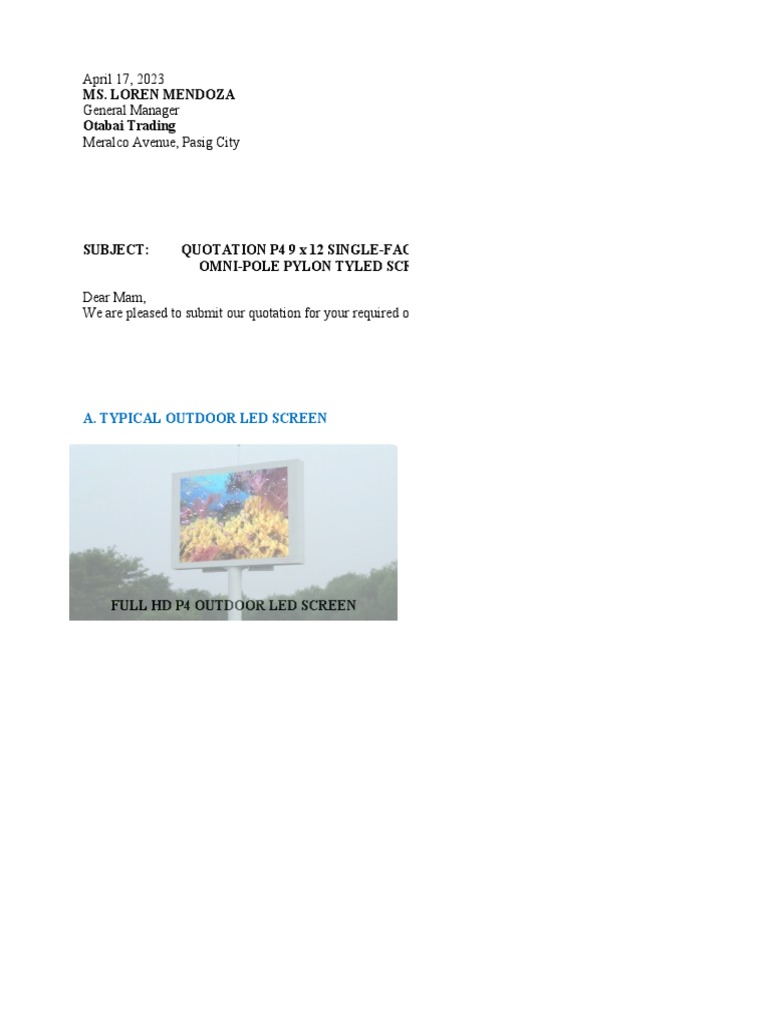 Quotation for P4 Outdoor LED Screen | PDF | Video | Display Resolution