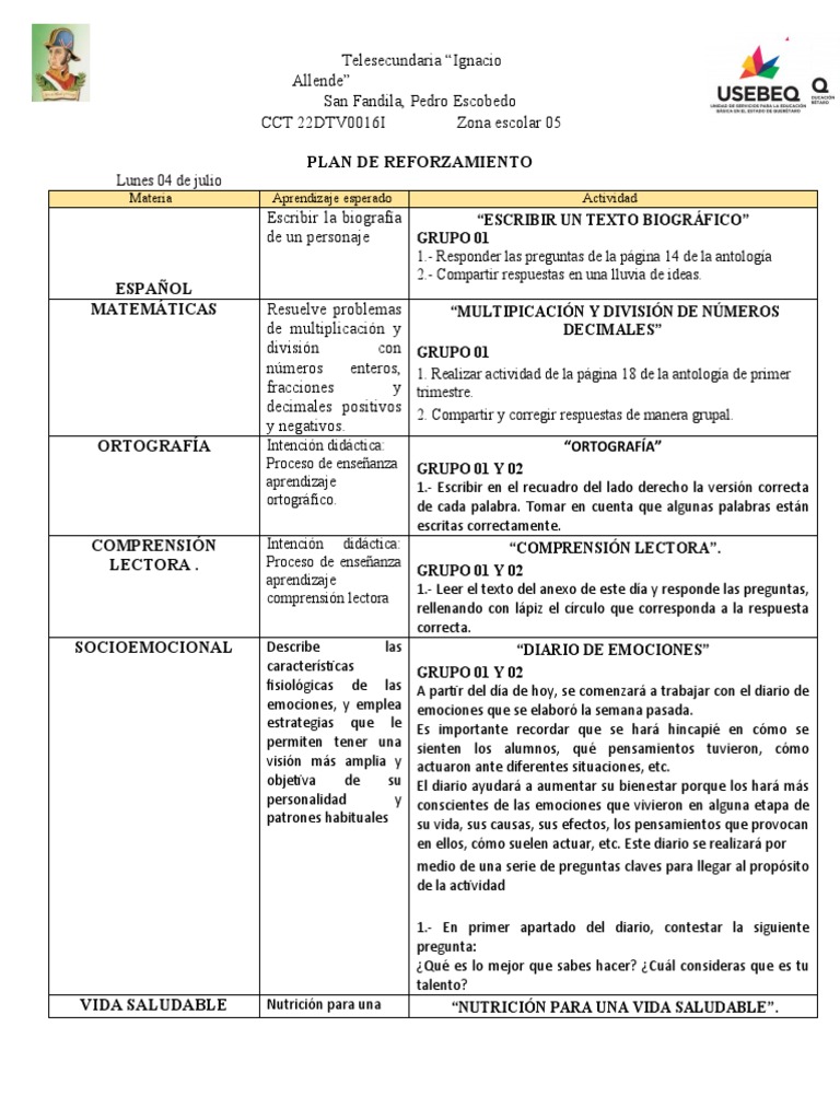 Plan Reforzamiento - 2° - 22dtv0016i | PDF
