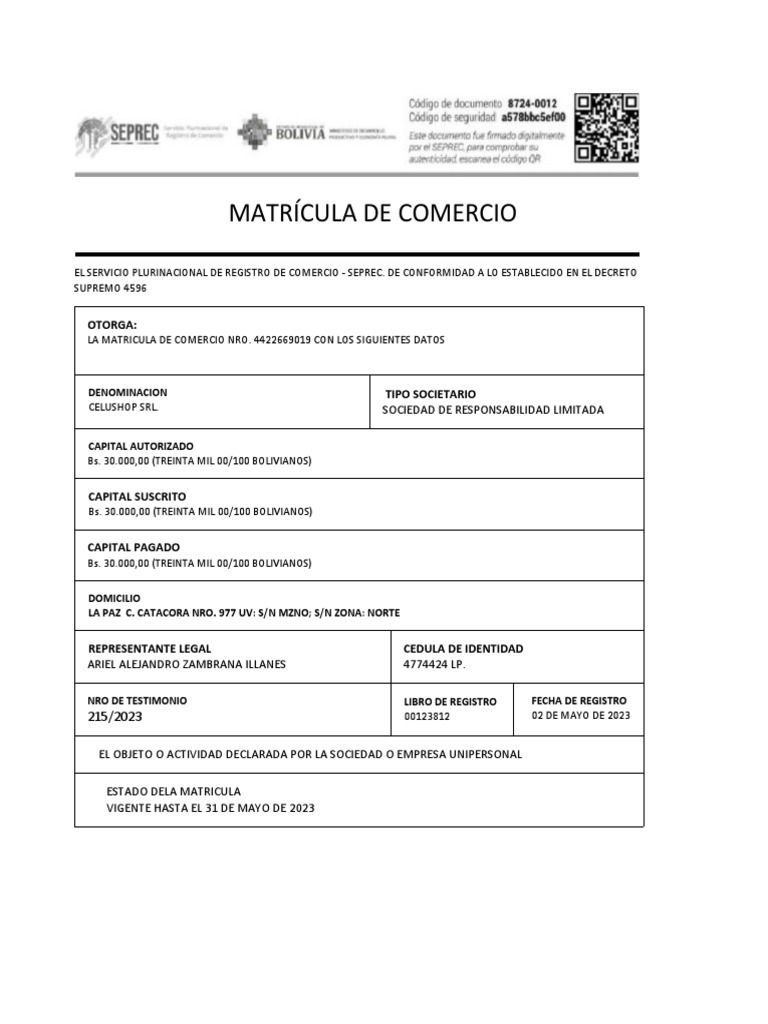 Matricula de Comercio para Llenar | PDF