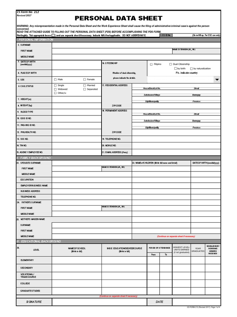 Cs Form No 212 Personal Data Sheet Revised Pdf Pdf