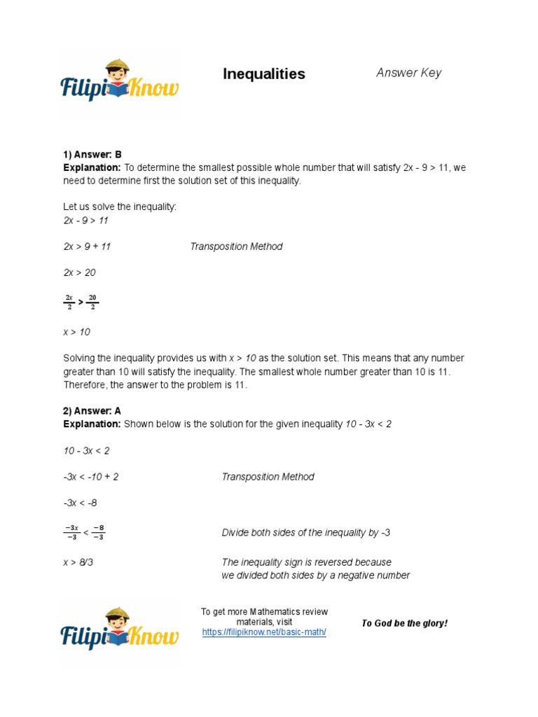 Inequalities Answer Key PDF | PDF
