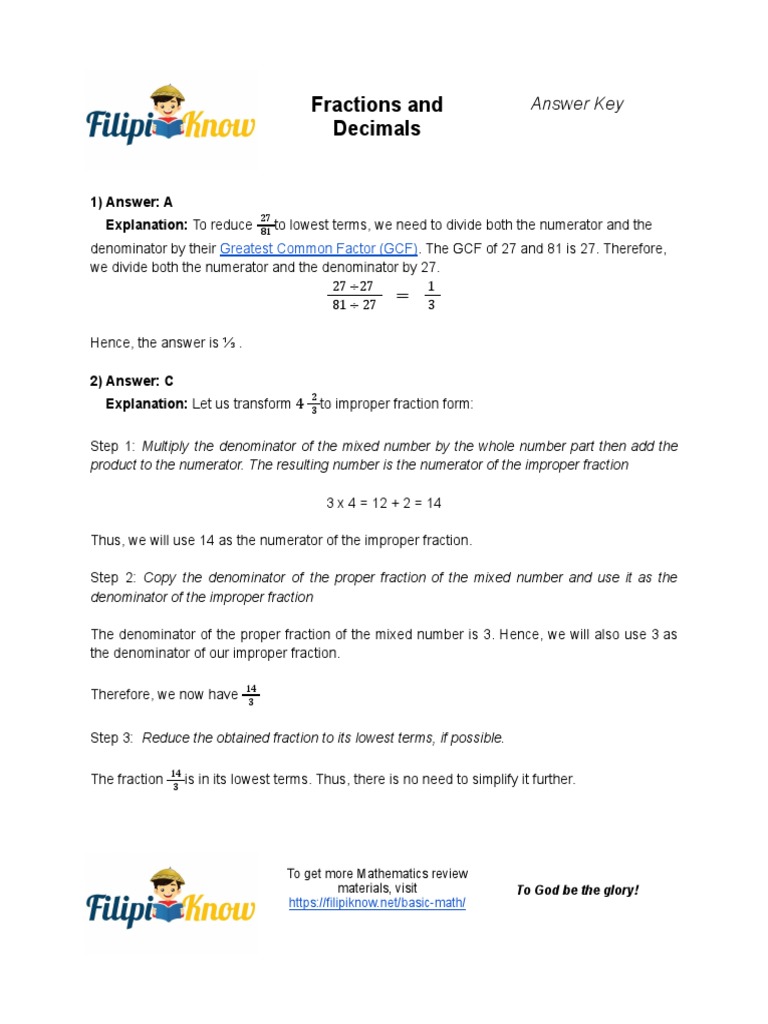 Fractions and Decimals Answer Key PDF | PDF