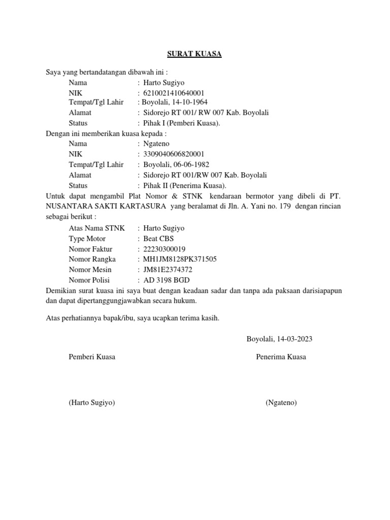 Surat Kuasa Pengambilan Plat STNK Motor PDF | PDF