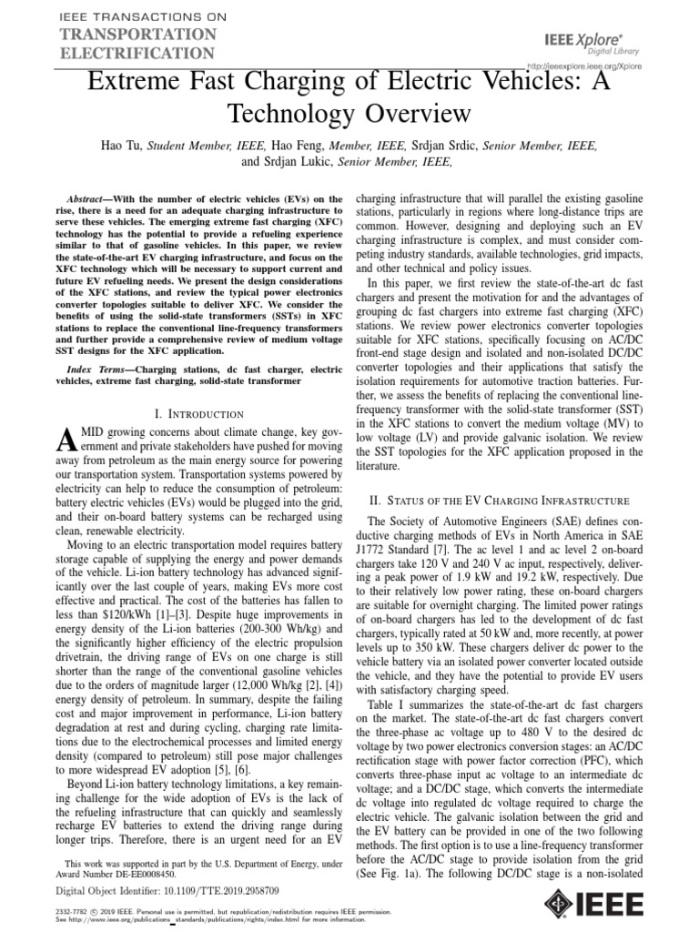 Extreme Fast Charging of Electric Vehicles: A Technology Overview | PDF