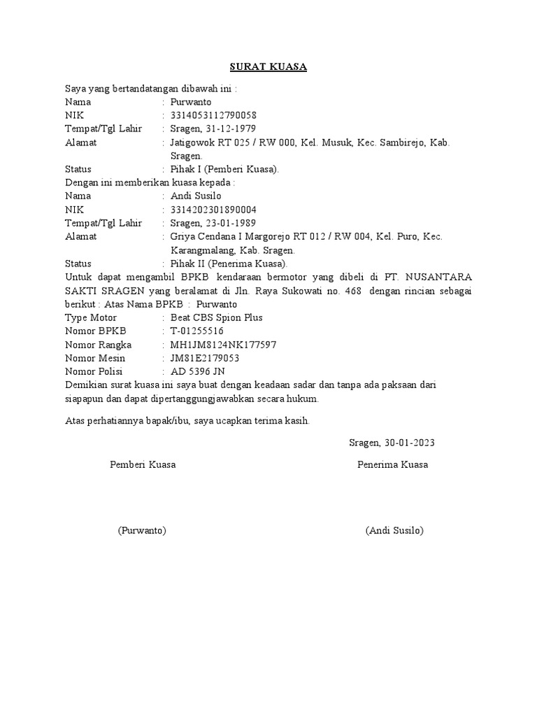 Surat Kuasa Pengambilan BPKB | PDF