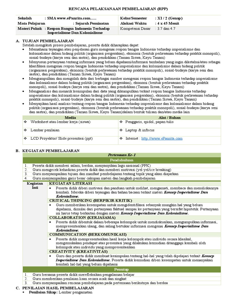 7 RPP Sejarah PM Kelas 11 SEM 2-.docx | PDF