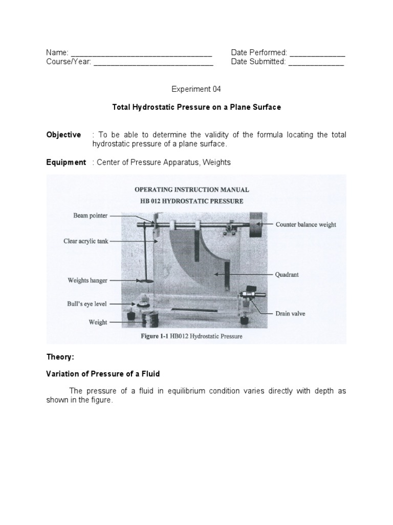 Hydraulics Lab Exp 4 | PDF | Pressure | Force