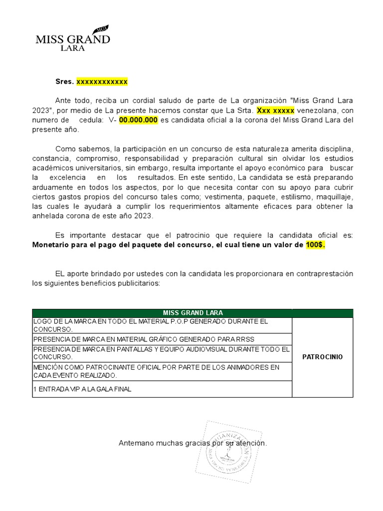 Carta de patrocinio para Miss Grand Lara | PDF | Negocios