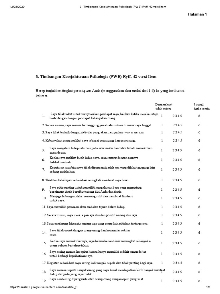 Timbangan Kesejahteraan Psikologis (PWB) Ryff, 42 Versi Item PDF | PDF