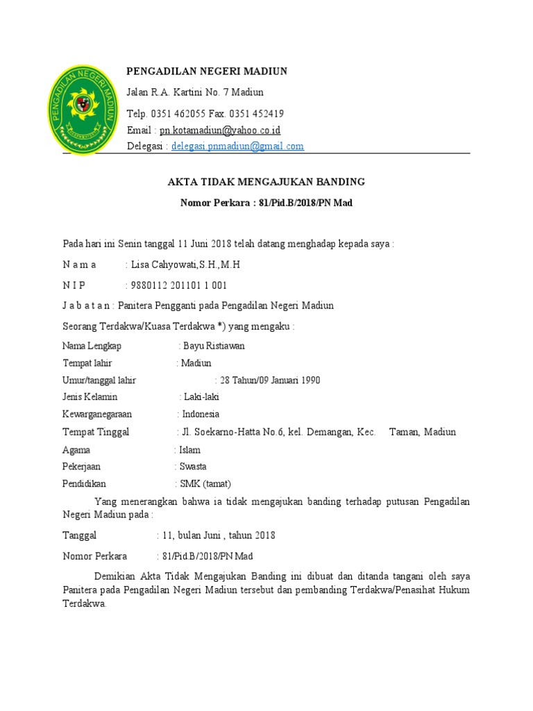 Akta Tidak Mengajukan Banding | PDF