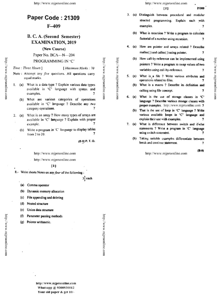 Bca 2 Sem Programming in C 21309 2019 PDF | PDF